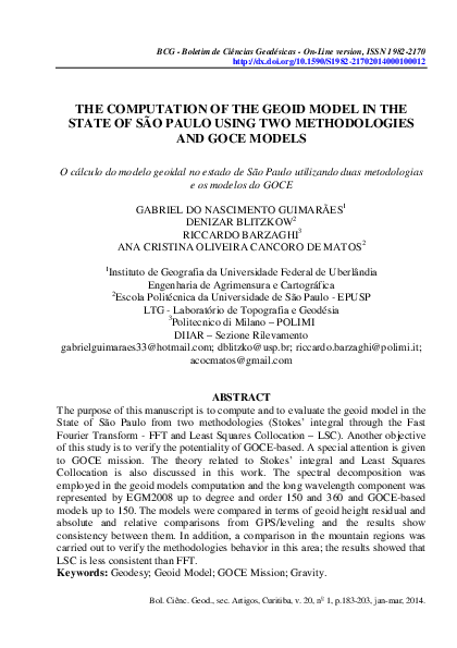 (PDF) The computation of the geoid model in the state of São Paulo using two methodologies and ...