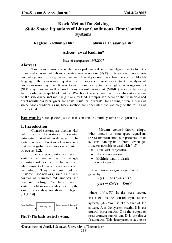 Pdf Block Method For Solvingstate Space Equations Of Linear Continuous Time Control Systems