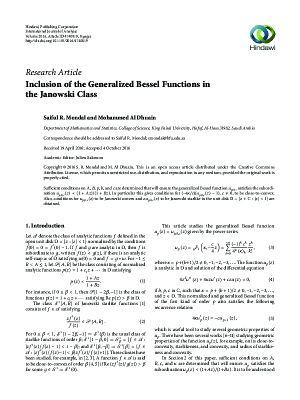 (PDF) Inclusion of the Generalized Bessel Functions in the Janowski Class