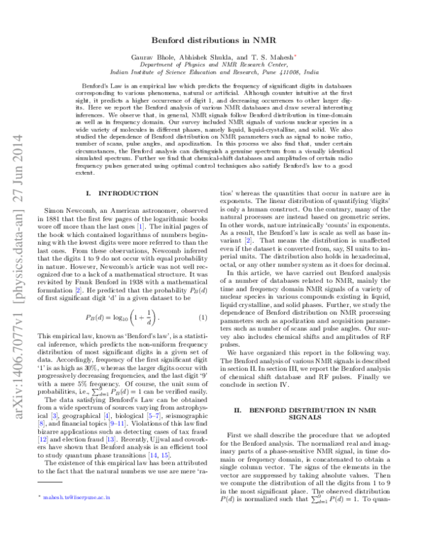 (PDF) Benford distributions in NMR