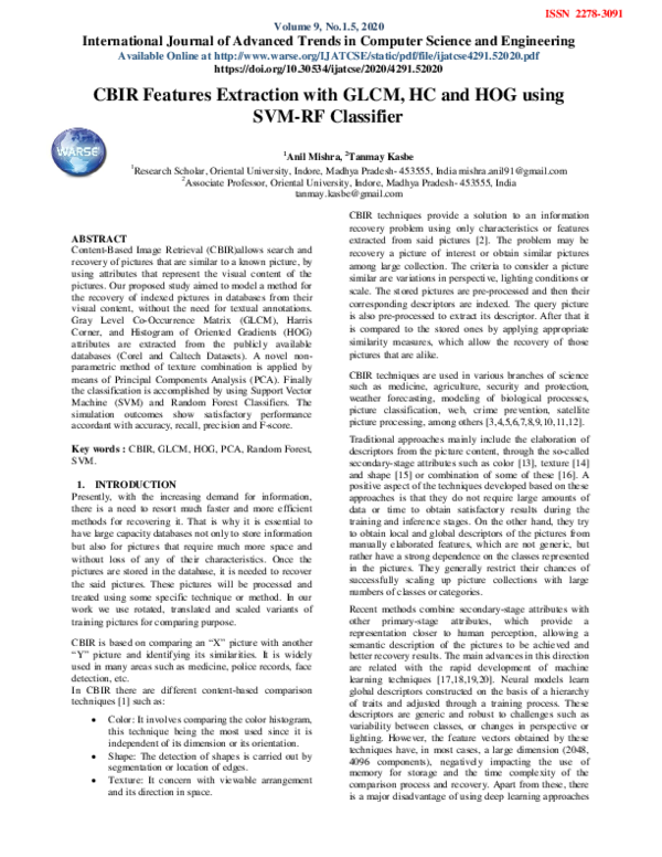 Pdf Cbir Features Extraction With Glcm Hc And Hog Using Svm Rf Classifier 9951