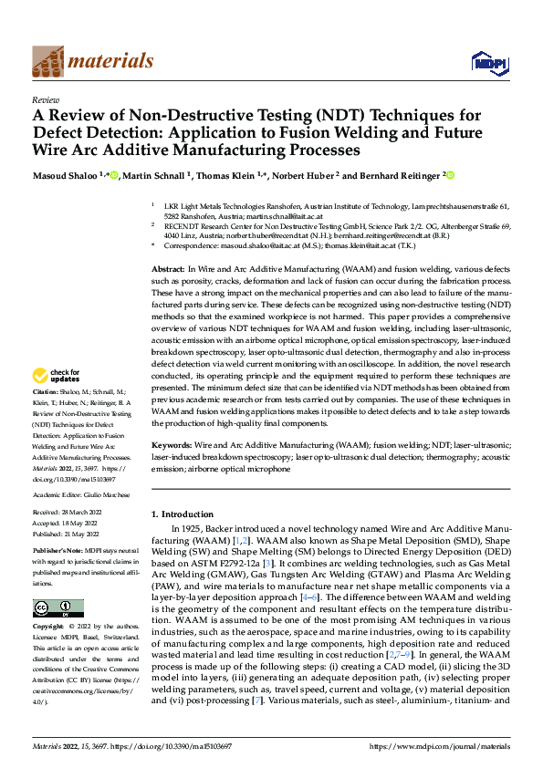 Pdf A Review Of Non Destructive Testing Ndt Techniques For Defect Detection Application To
