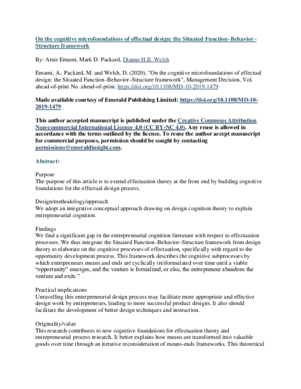 Pdf Cognitive Foundations Of Effectual Design In Entrepreneurship