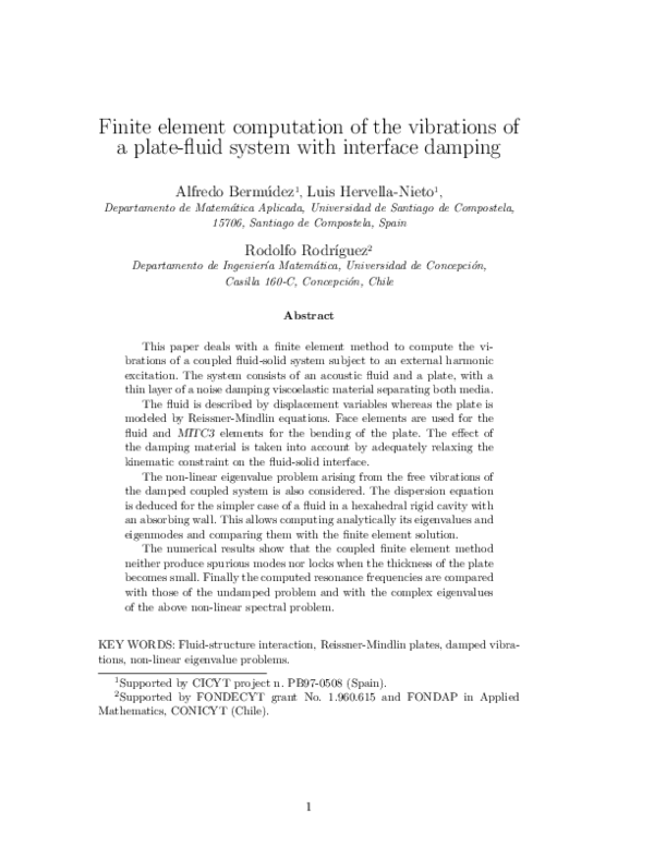 (PDF) Finite element computation of the vibrations of a plate-fluid system with interface damping