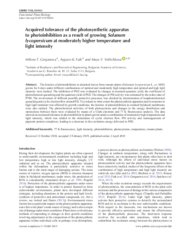 (PDF) Acquired tolerance of the photosynthetic apparatus to ...