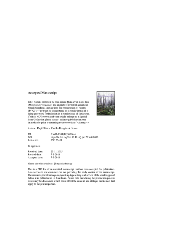 (PDF) Habitat selection by endangered Himalayan musk deer (Moschus ...
