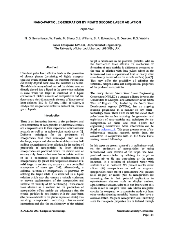 (PDF) Nano-particle generation by femto second laser ablation