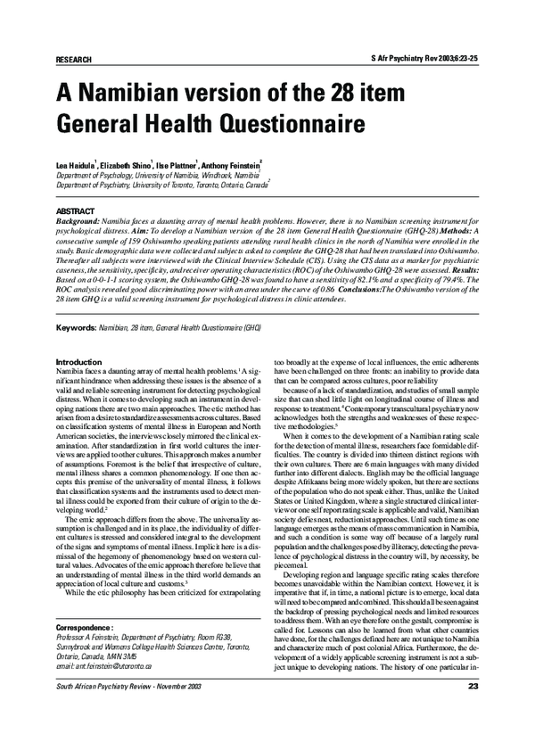 (PDF) A Namibian version of the 28 item General Health Questionnaire