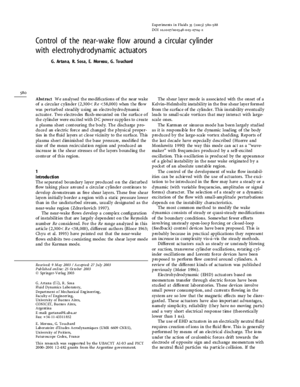 (PDF) Control of the near-wake flow around a circular cylinder with electrohydrodynamic actuators