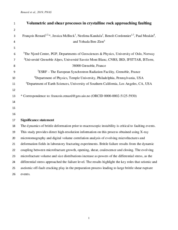 (PDF) Volumetric and shear processes in crystalline rock approaching ...