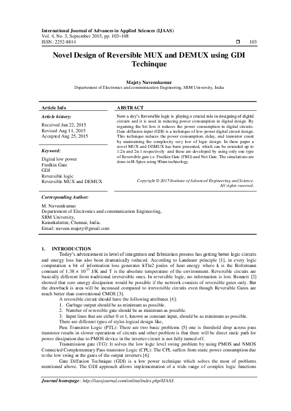 (PDF) Novel Design of Reversible MUX and DEMUX using GDI Techinque