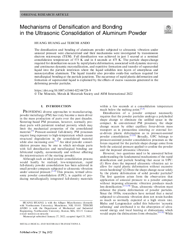(PDF) Mechanisms of Densification and Bonding in the Ultrasonic ...
