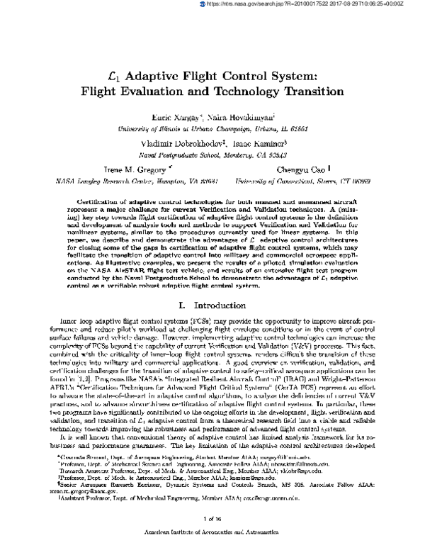 (PDF) L1 Adaptive Flight Control System: Flight Evaluation and Technology Transition | Naira ...