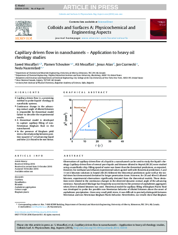 (PDF) Capillary driven flow in nanochannels – Application to heavy oil rheology studies