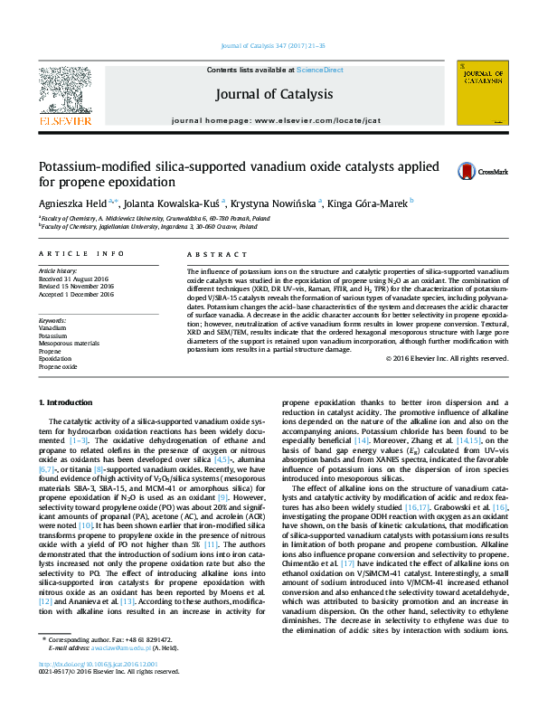 (PDF) Potassium-modified silica-supported vanadium oxide catalysts applied for propene epoxidation