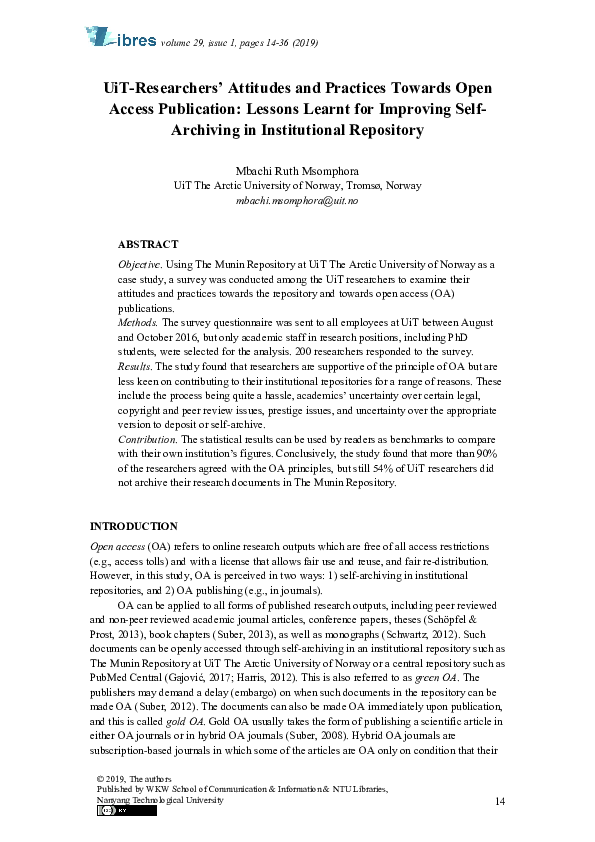 (PDF) UiT-researchers’ attitudes and practices towards open access publication : lessons learnt ...