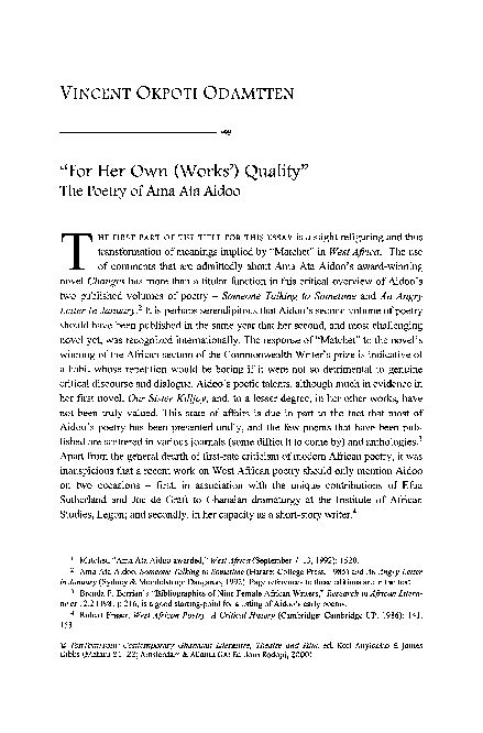 (PDF) “For Her Own (Works’) Quality” The Poetry of Ama Ata Aidoo