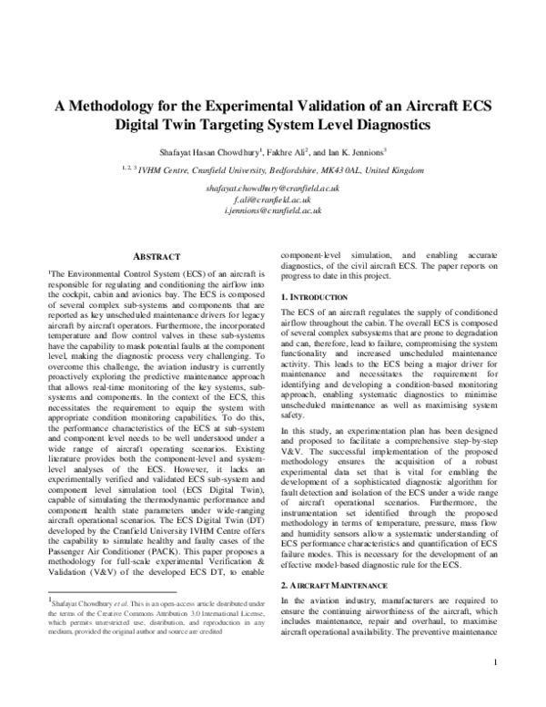 (PDF) A Methodology for the Experimental Validation of an Aircraft ECS ...