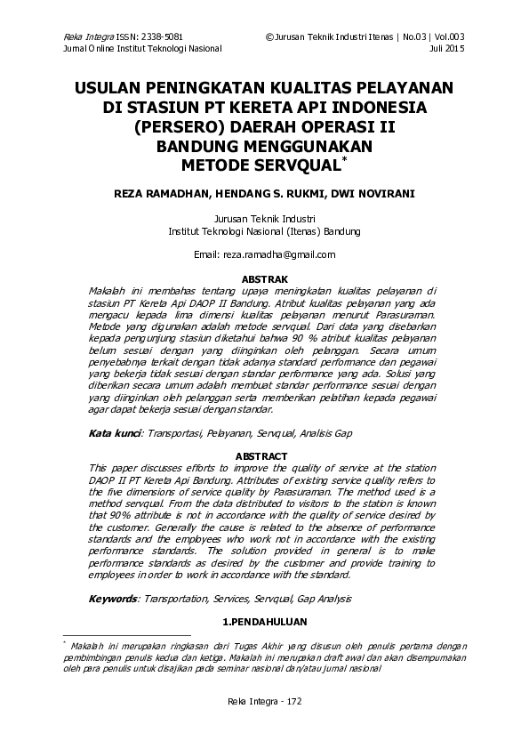 (PDF) Usulan Peningkatan Kualitas Pelayanan DI Stasiun PT Kereta Api Indonesia (Persero) Daerah ...