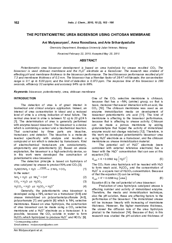 Pdf The Potentiometric Urea Biosensor Using Chitosan Membrane