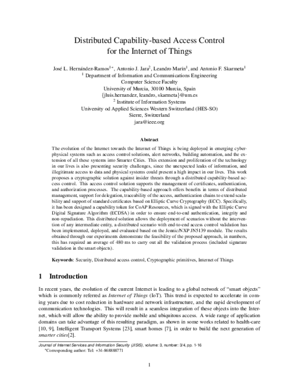 Pdf Distributed Capability Based Access Control For The Internet Of Things