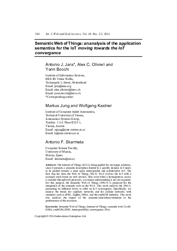 (PDF) Semantic Web of Things: an analysis of the application semantics for the IoT moving ...