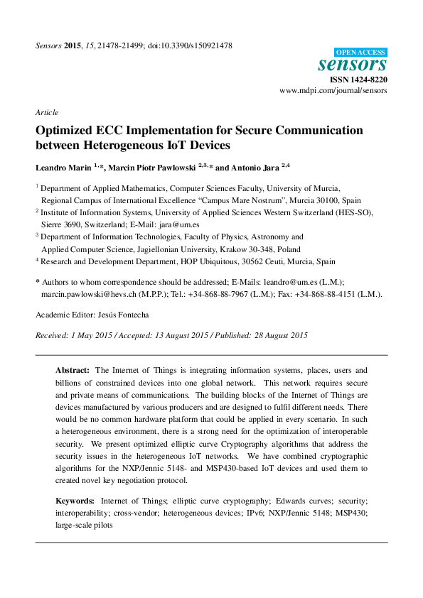 Pdf Optimized Ecc For Secure Heterogeneous Iot Communication