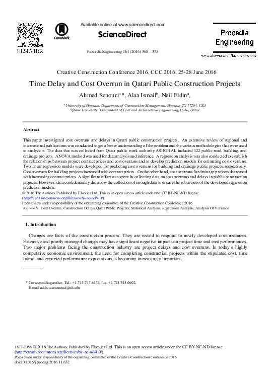 Pdf Time Delay And Cost Overrun In Qatari Public Construction Projects