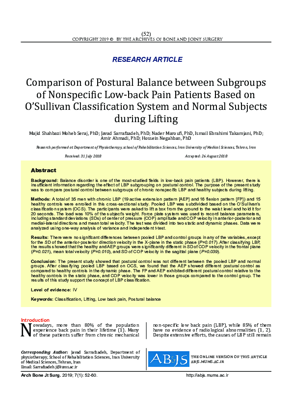 (PDF) Comparison of Postural Balance between Subgroups of Nonspecific ...