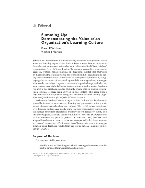 (PDF) Summing Up: Demonstrating the Value of an Organization's Learning Culture