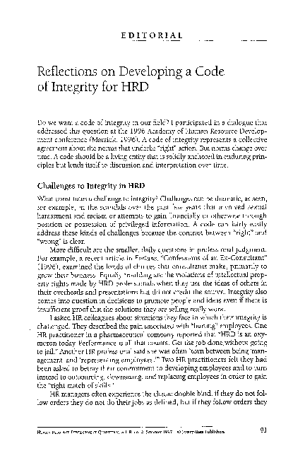 (PDF) Reflections on developing a code of integrity for HRD