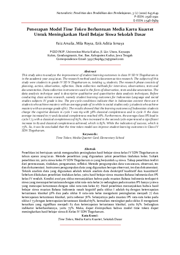 (PDF) Penerapan Model Time Token Berbantuan Media Kartu Kuartet Untuk Meningkatkan Hasil Belajar ...