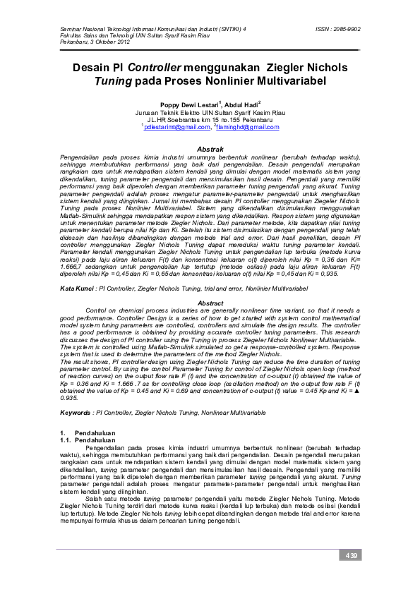 (PDF) Desain PI Controller menggunakan Ziegler Nichols Tuning pada Proses Nonlinier Multivariabel