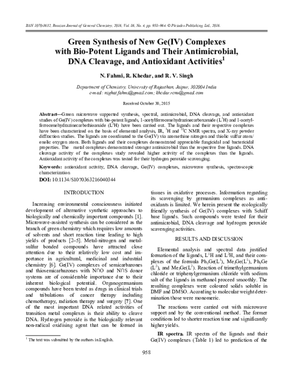 (PDF) Green synthesis of new Ge(IV) complexes with bio-potent ligands and their antimicrobial ...