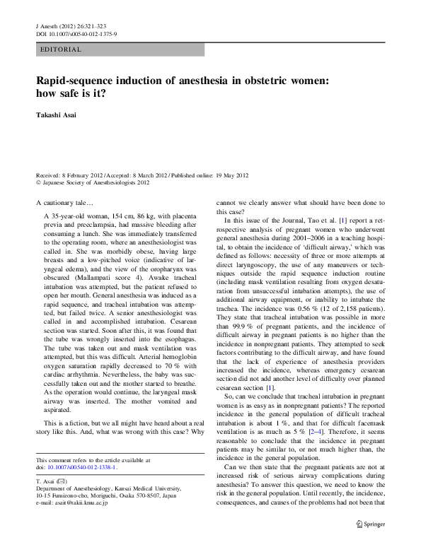 (PDF) Rapid-sequence induction of anesthesia in obstetric women: how ...