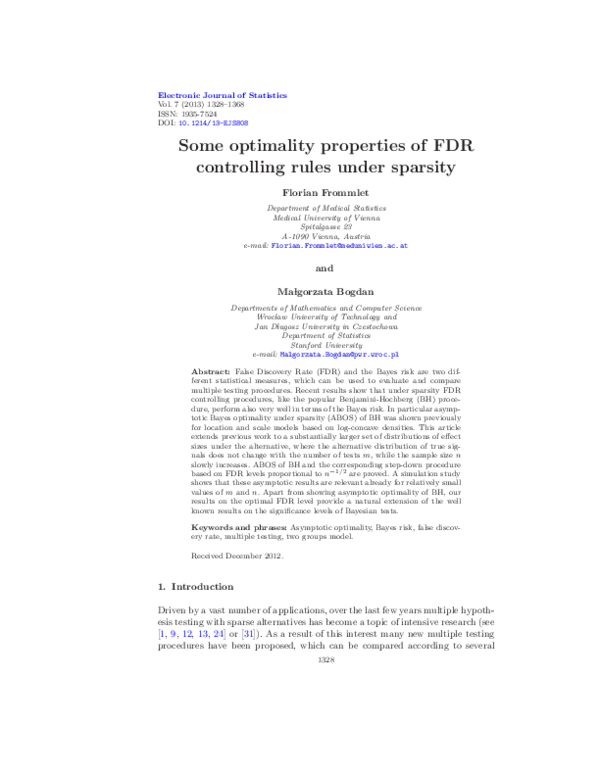 (PDF) Some optimality properties of FDR controlling rules under sparsity