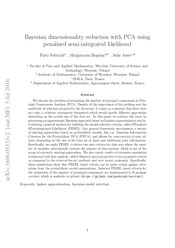 (PDF) Bayesian Dimensionality Reduction With PCA Using Penalized Semi-Integrated Likelihood ...