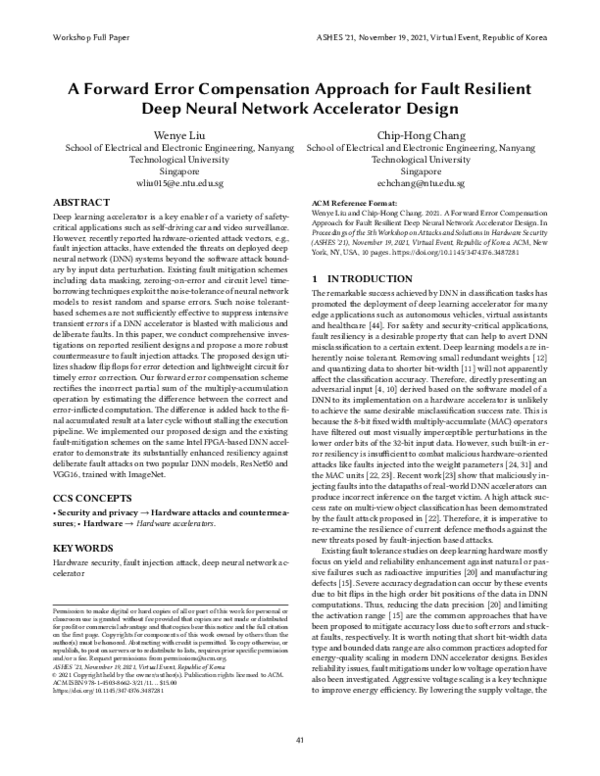 Pdf A Forward Error Compensation Approach For Fault Resilient Deep Neural Network Accelerator