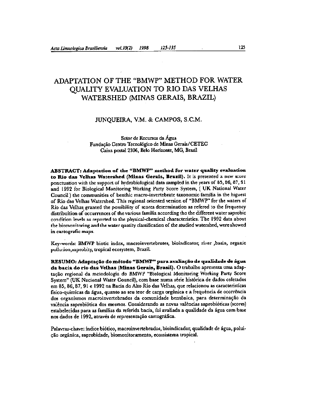 (PDF) Adaptation of the BMWP method for water quality evaluation to Rio ...