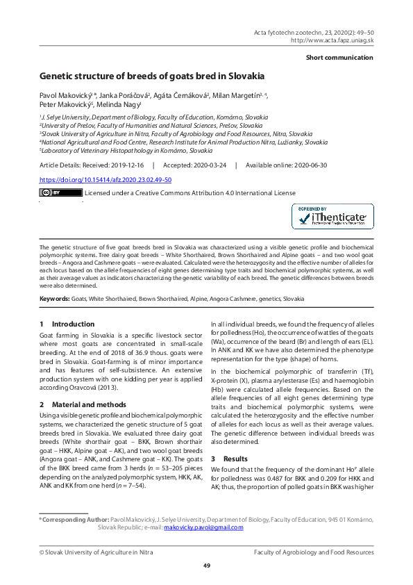 (PDF) Genetic structure of breeds of goats bred in Slovakia