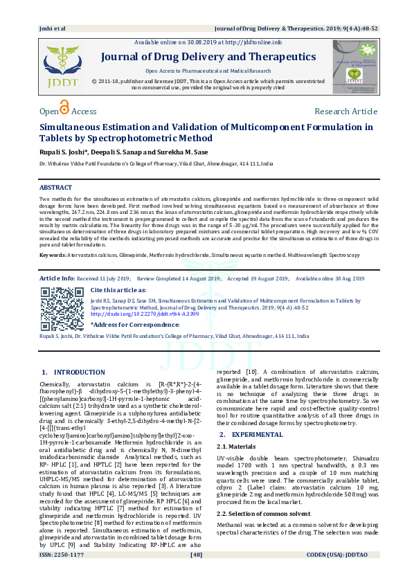 Pdf Simultaneous Estimation And Validation Of Multicomponent Formulation In Tablets By