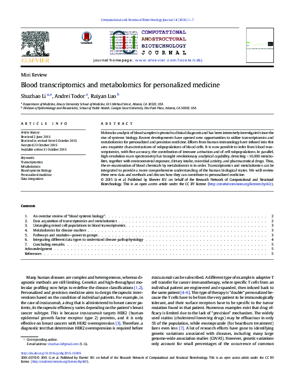 (PDF) Blood transcriptomics and metabolomics for personalized medicine ...