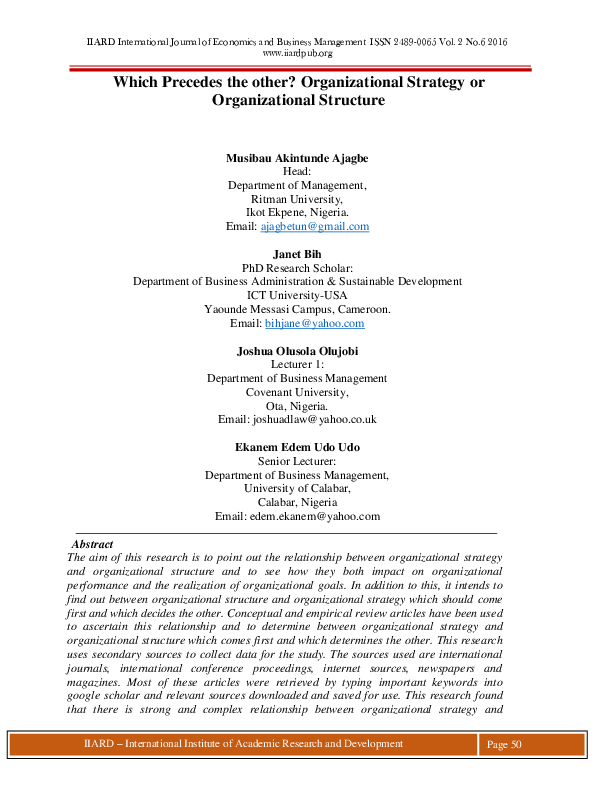 Pdf Organizational Strategy Vs Structure A Hierarchy