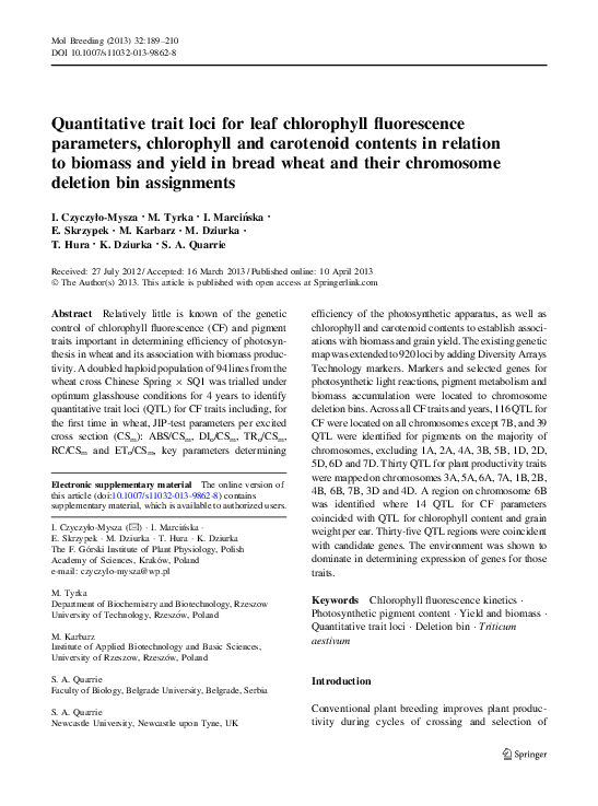 Pdf Quantitative Trait Loci For Leaf Chlorophyll Fluorescence Parameters Chlorophyll And