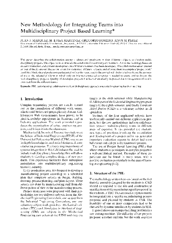 (PDF) New Methodology for Integrating Teams into Multidisciplinary Project Based Learning
