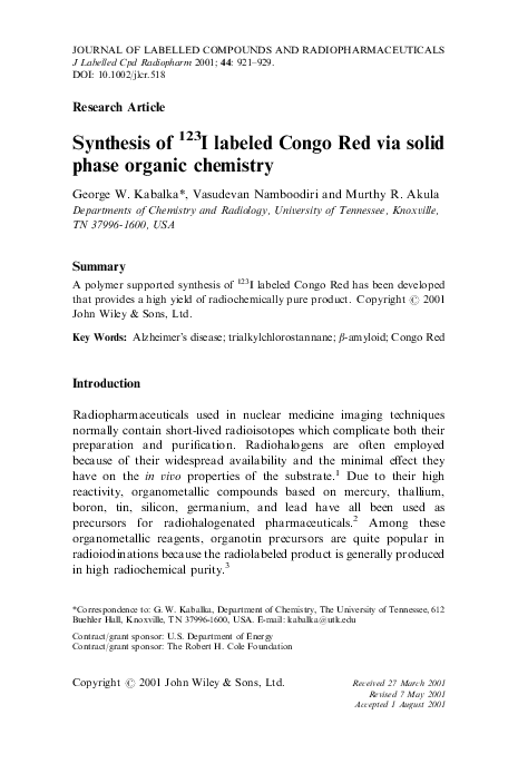(PDF) Synthesis of123I labeled Congo Red via solid phase organic chemistry