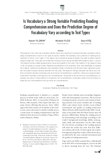 (PDF) Is Vocabulary a Strong Variable Predicting Reading Comprehension and Does the Prediction ...