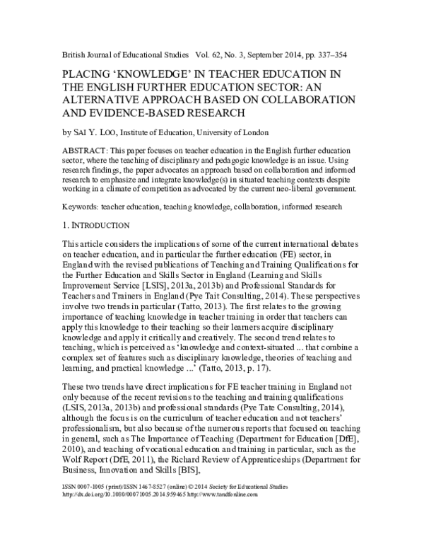 (PDF) Placing ‘Knowledge’ in Teacher Education in the English Further ...