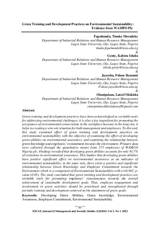 (PDF) Green Training and Development Practices on Environmental Sustainability: Evidence from ...