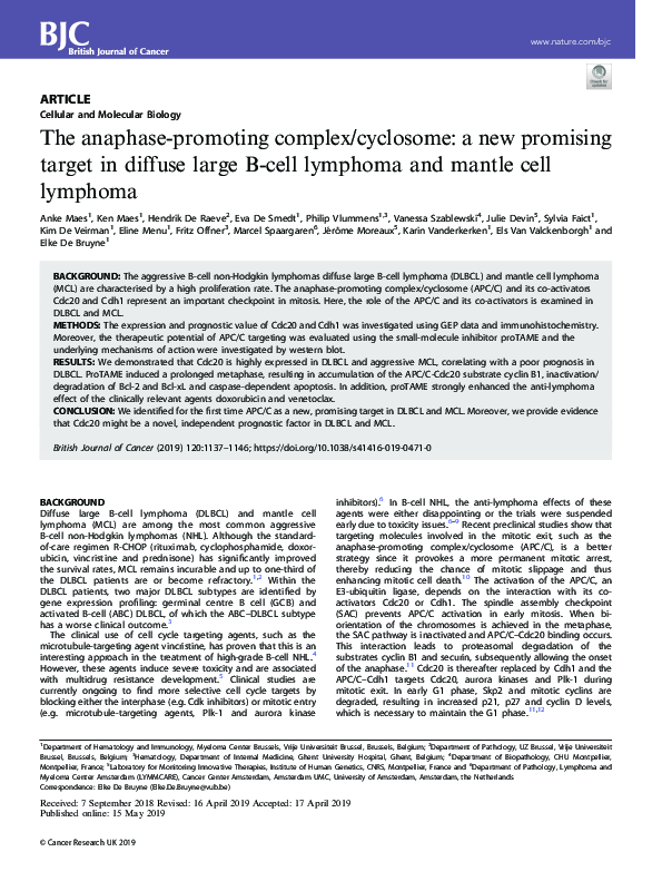 (PDF) The anaphase-promoting complex/cyclosome: a new promising target ...